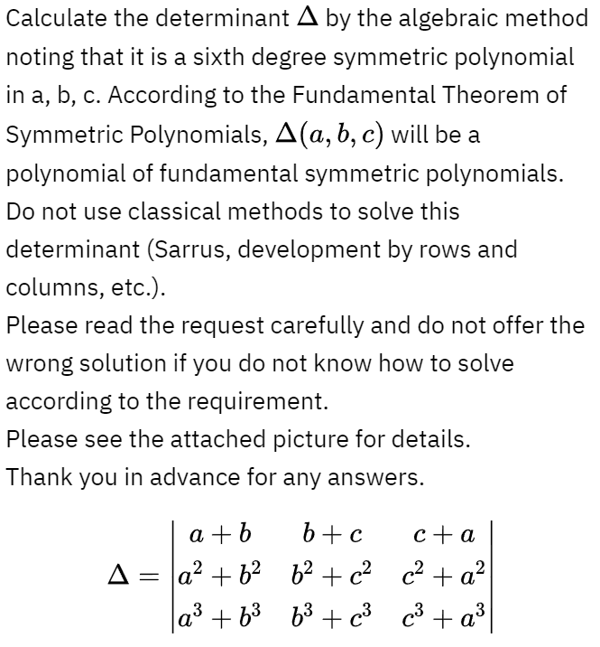 Solved Calculate the determinant $\Delta$ by the algebraic | Chegg.com