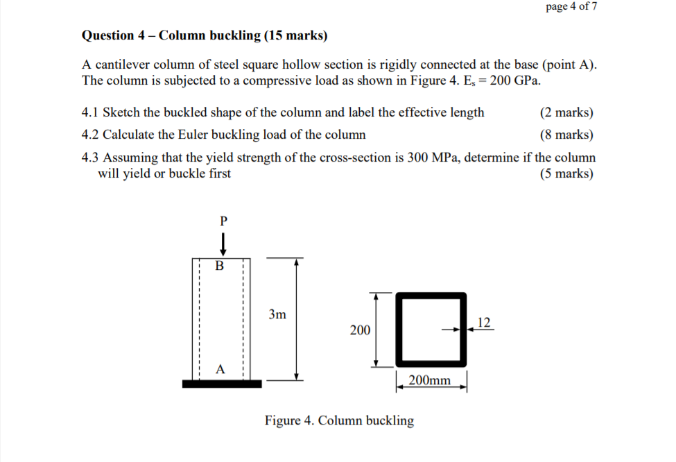 Solved page 4 of 7 Question 4 - Column buckling (15 marks) A | Chegg.com