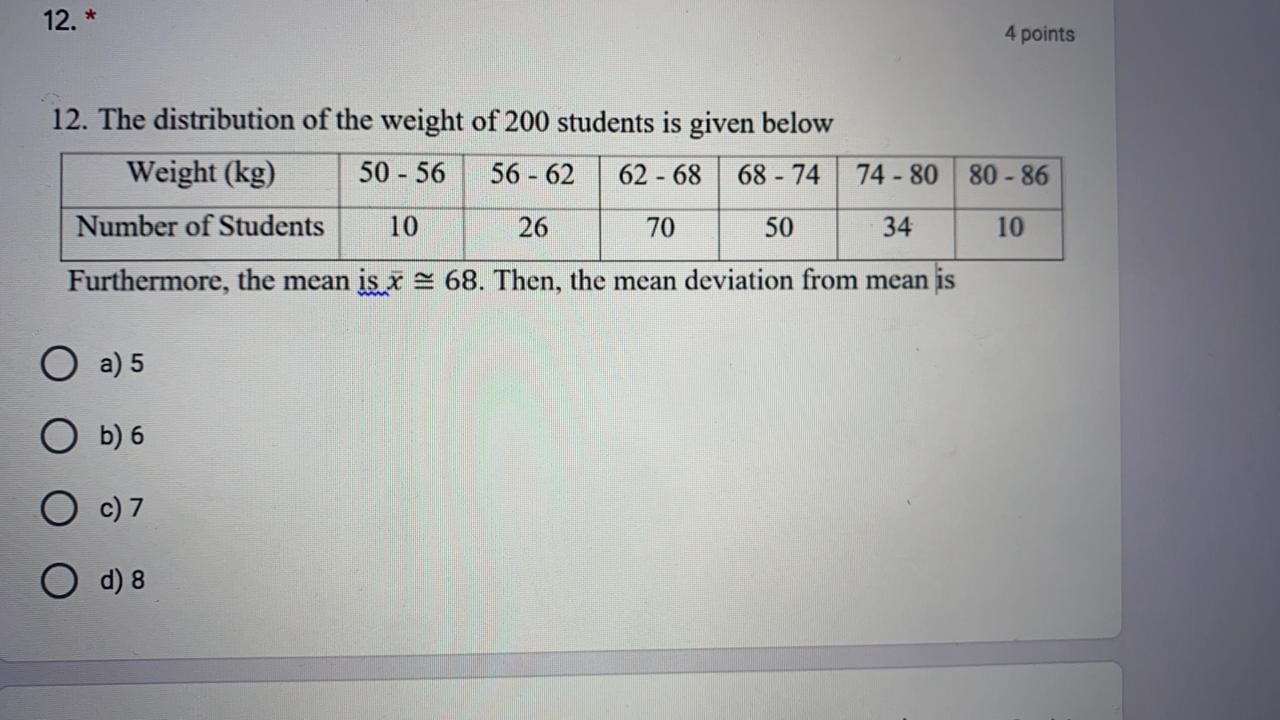 Solved 12. * 4 points 12. The distribution of the weight of | Chegg.com