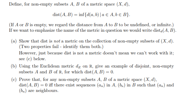 Solved Define, for non-empty subsets A, B of a metric space | Chegg.com