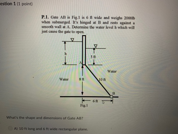 Solved estion 1 (1 point) P.1. Gate AB is Fig.1 is 6 ft wide | Chegg.com Solved estion 1 (1 point) P.1. Gate AB is Fig.1 is 6 ft wide | Chegg.com