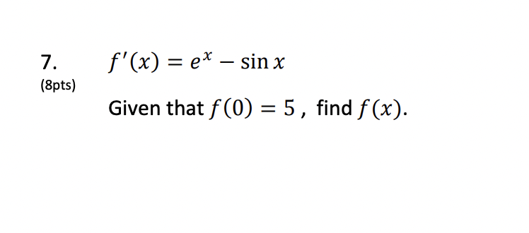 Solved f′(x)=ex−sinx Given that f(0)=5, find f(x). | Chegg.com