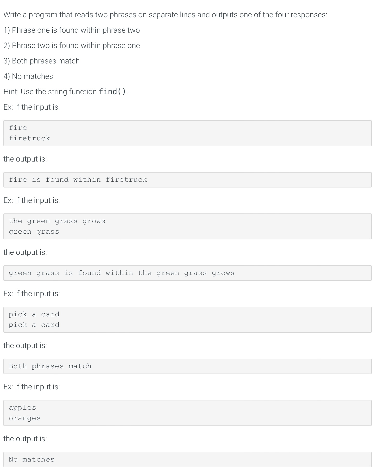 Solved Write a program that reads two phrases on separate | Chegg.com