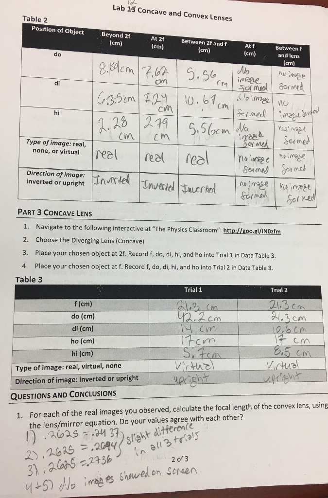 Physics Lab 13 Concave and Convex Lenses Okay so I've | Chegg.com