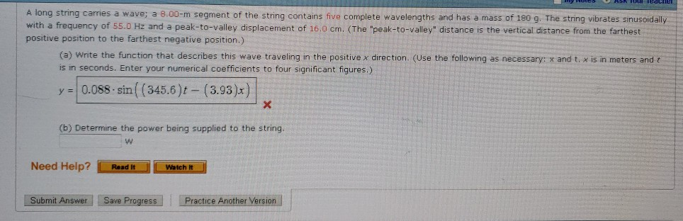 Solved A long string carries a wave; a 8.00-m segment of the | Chegg.com
