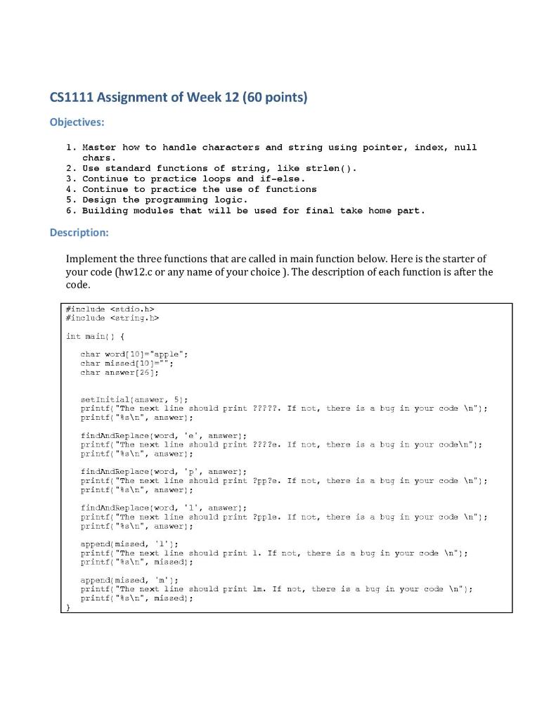 Solved 1. (20 p) Implement function setInitial() Synopsis | Chegg.com