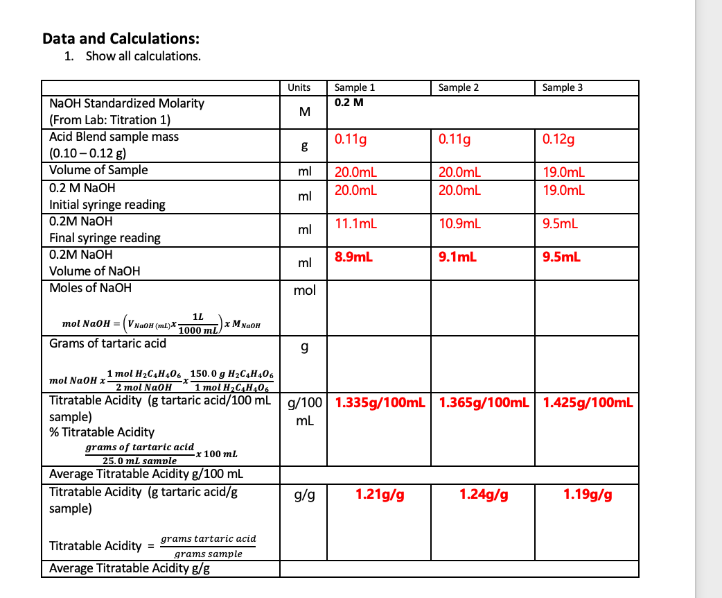 Solved Data and Calculations: 1. Show all calculations. | Chegg.com