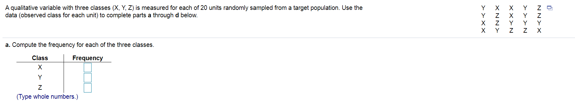 Solved A qualitative variable with three classes (X, Y, Z) | Chegg.com