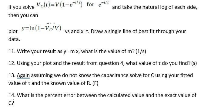 Solved If you solve Vc(t)=V(1-e't) for e-te and take the | Chegg.com