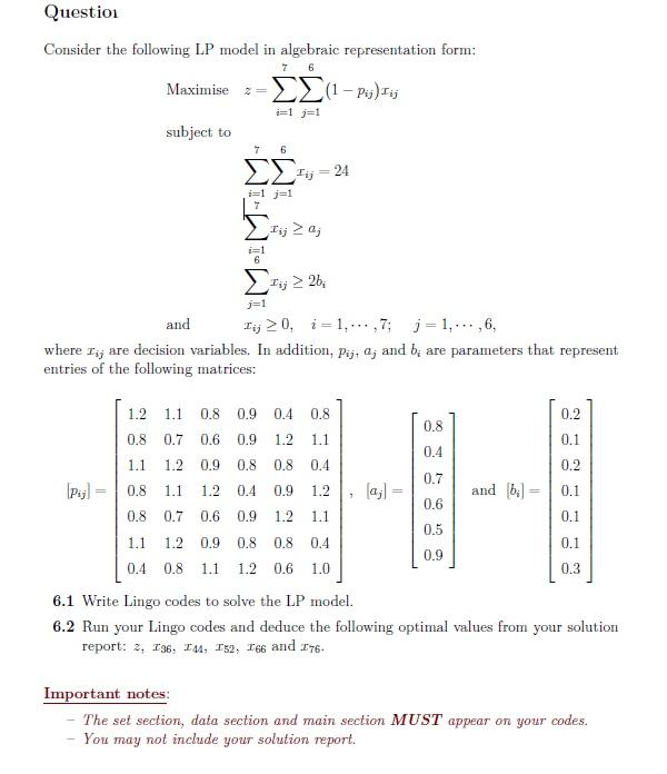 Solved Consider the following LP model in algebraic | Chegg.com