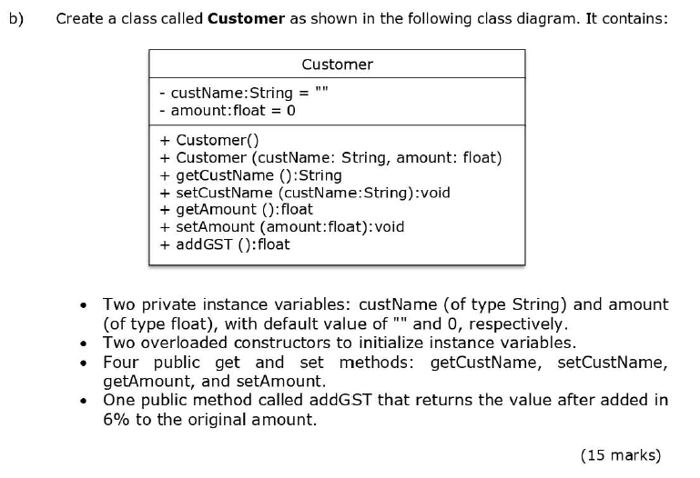 Solved b) Create a class called Customer as shown in the | Chegg.com
