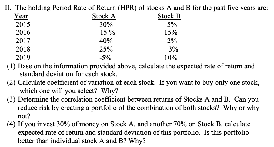 Solved II. The holding Period Rate of Return (HPR) of stocks | Chegg.com