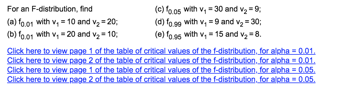 Solved For an F-distribution, find (c) f0.05 with v1=30 and | Chegg.com