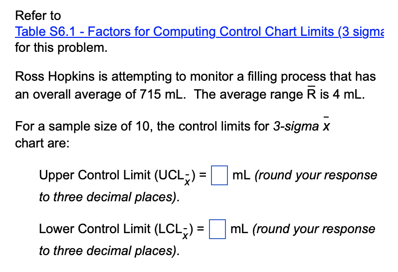 Solved Refer to Table S6.1 - Factors for Computing_Control | Chegg.com