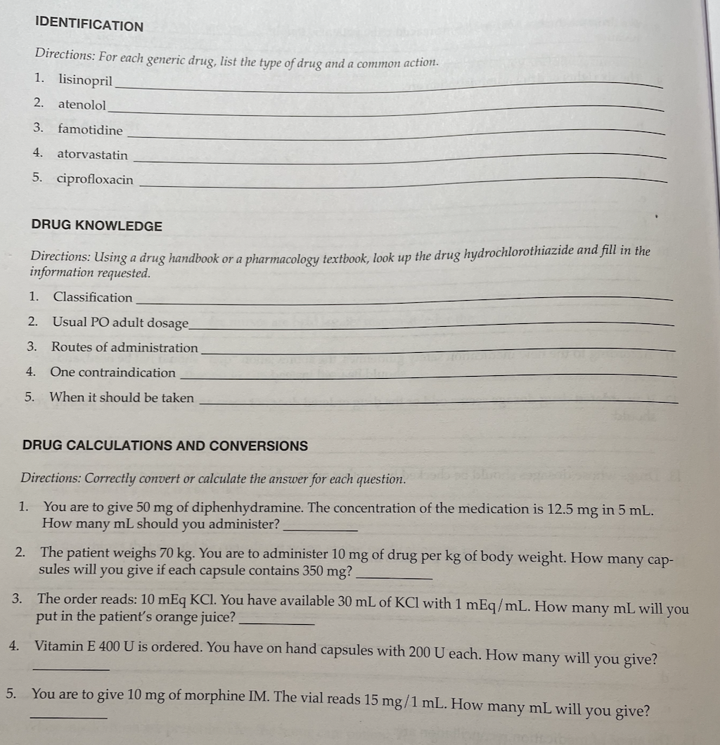 Solved IDENTIFICATION Directions: For each generic drug, | Chegg.com