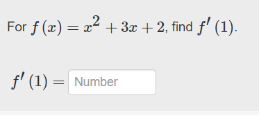 Solved 8)For f(x)=x2+3x+2, ﻿find f'(1)f'(1)= | Chegg.com