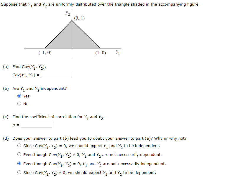 Solved (a) Find Cov(Y1,Y2). Cov(Y1,Y2)= (b) Are Y1 and Y2 | Chegg.com
