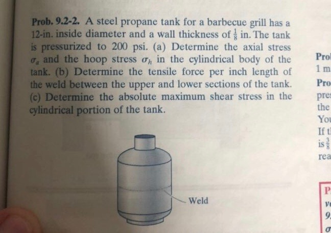 Solved Prob. 9.2-2. A steel propane tank for a barbecue | Chegg.com