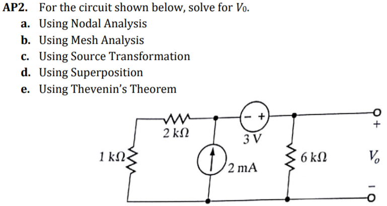 Solved AP2. a. b. c. d. e. For the circuit shown below, | Chegg.com