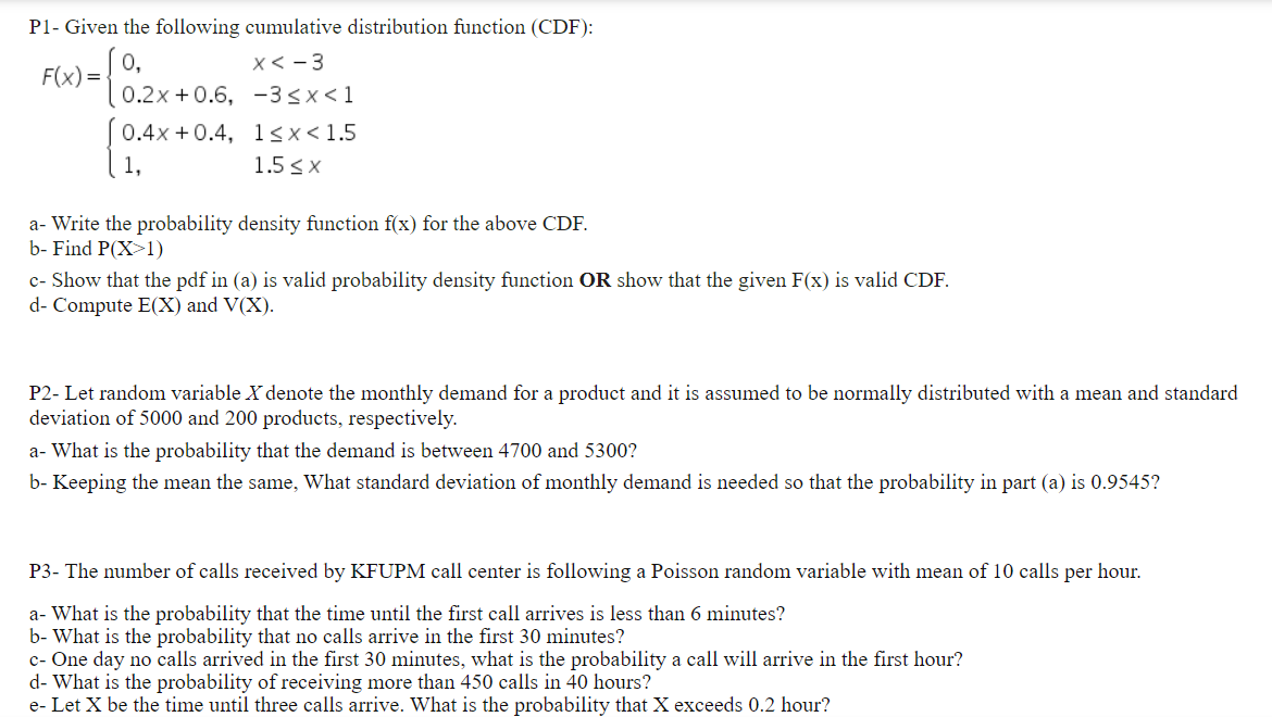 Solved P1- Given the following cumulative distribution | Chegg.com