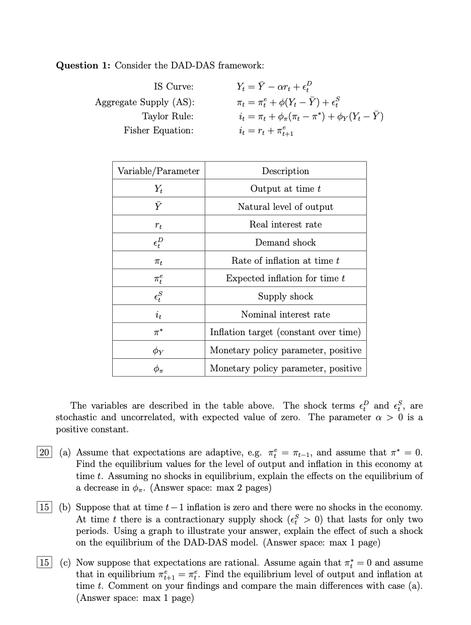 Question 1: Consider the DAD-DAS framework: IS Curve: | Chegg.com