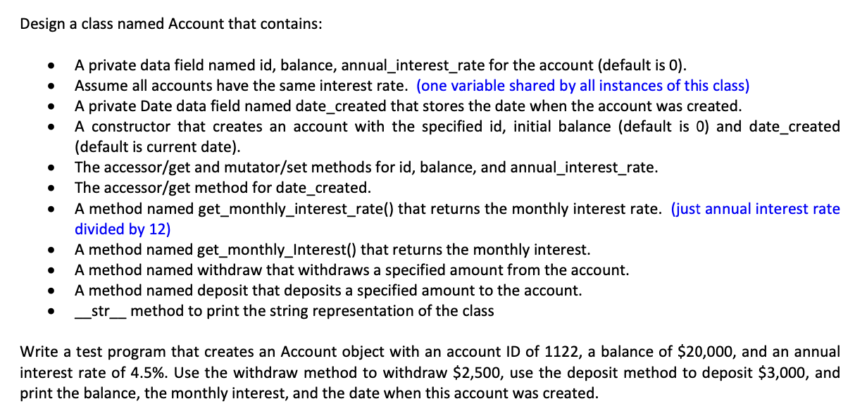 Solved Design a class named Account that contains: - A | Chegg.com