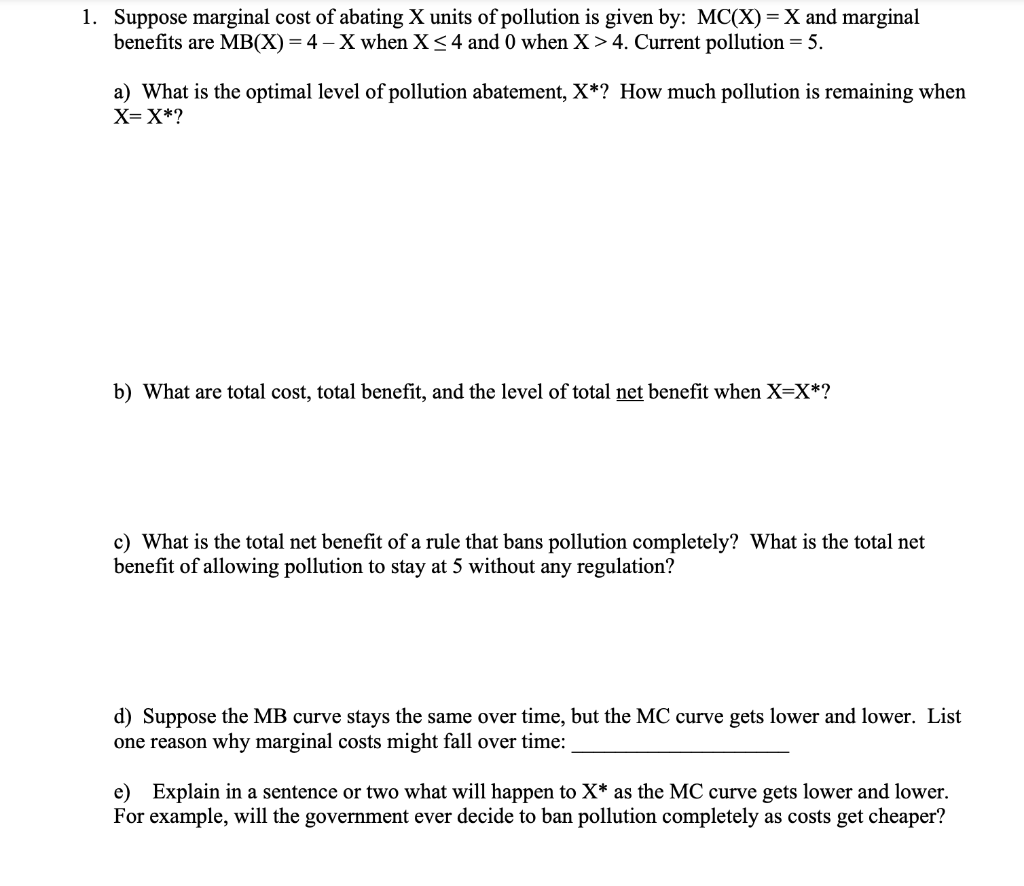 Solved 1. Suppose marginal cost of abating X units of | Chegg.com