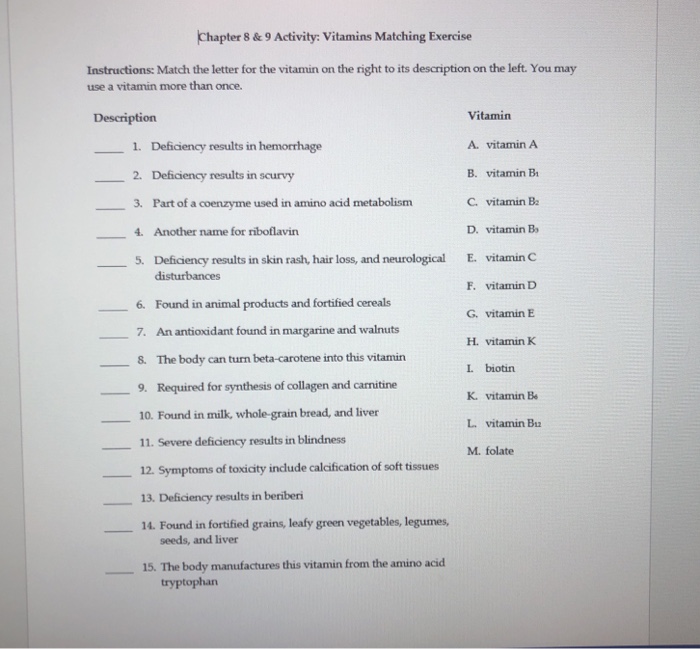 Solved: Chapter8&9 Activity: Vitamins Matching Exercise In... | Chegg.com