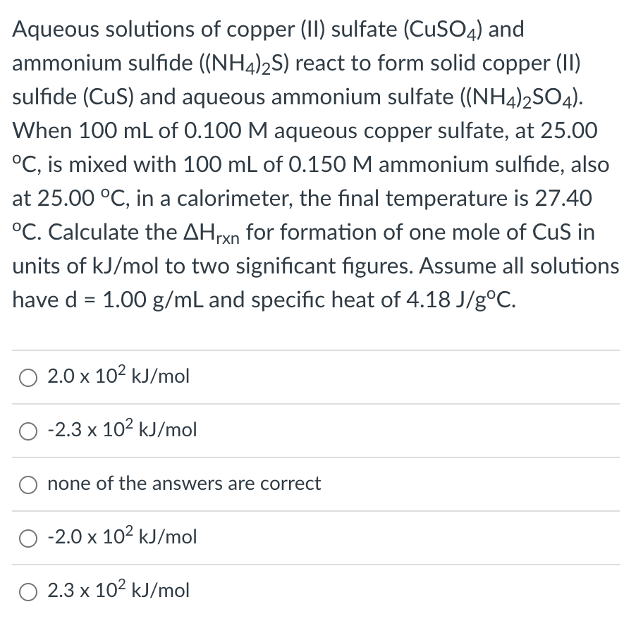 Solved Aqueous solutions of copper (II) sulfate (CuSO4) and | Chegg.com