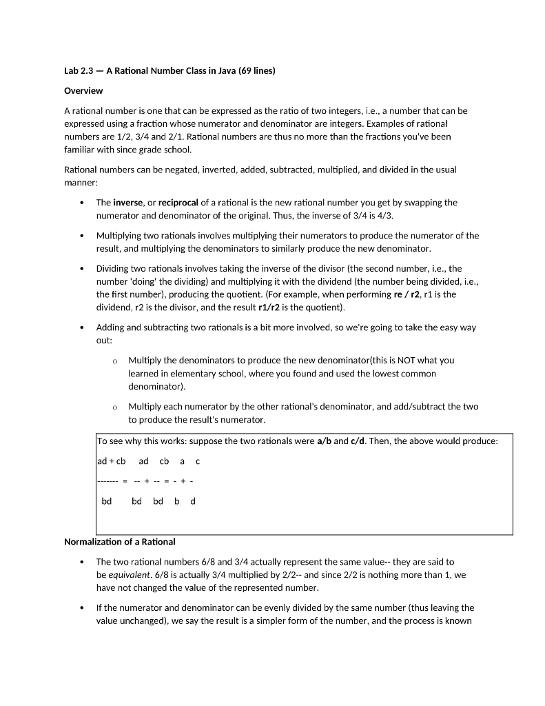 Solved Lab 2.3 - A Rational Number Class in Java (69 lines) | Chegg.com
