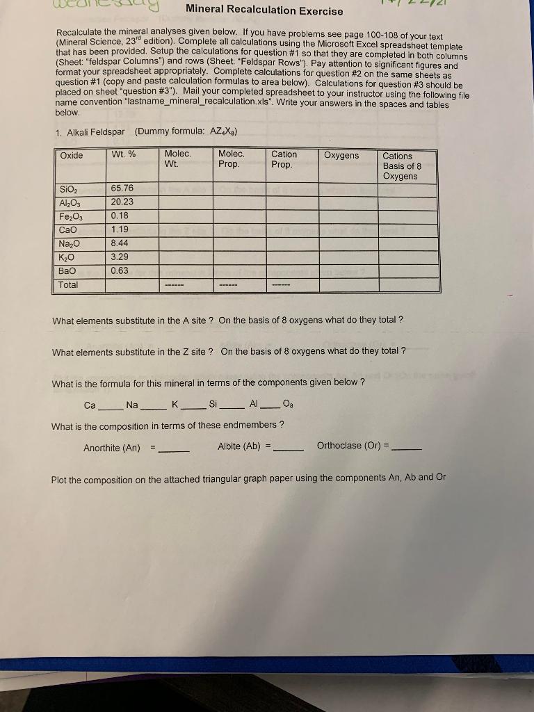 Mineral Recalculation Exercise Recalculate the | Chegg.com