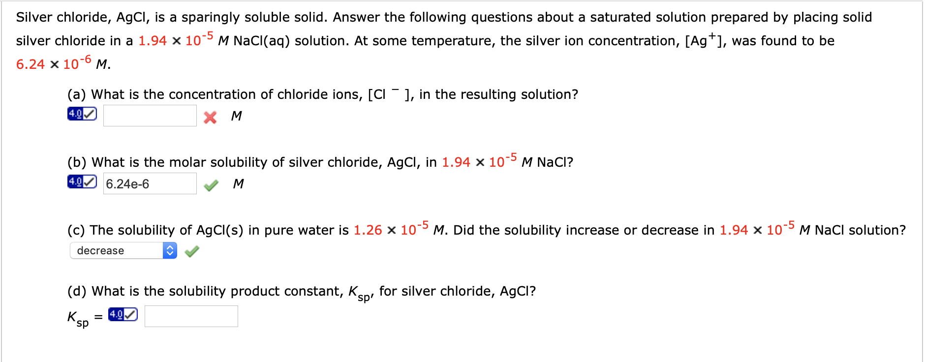Solved Silver chloride, AgCl, is a sparingly soluble solid. | Chegg.com