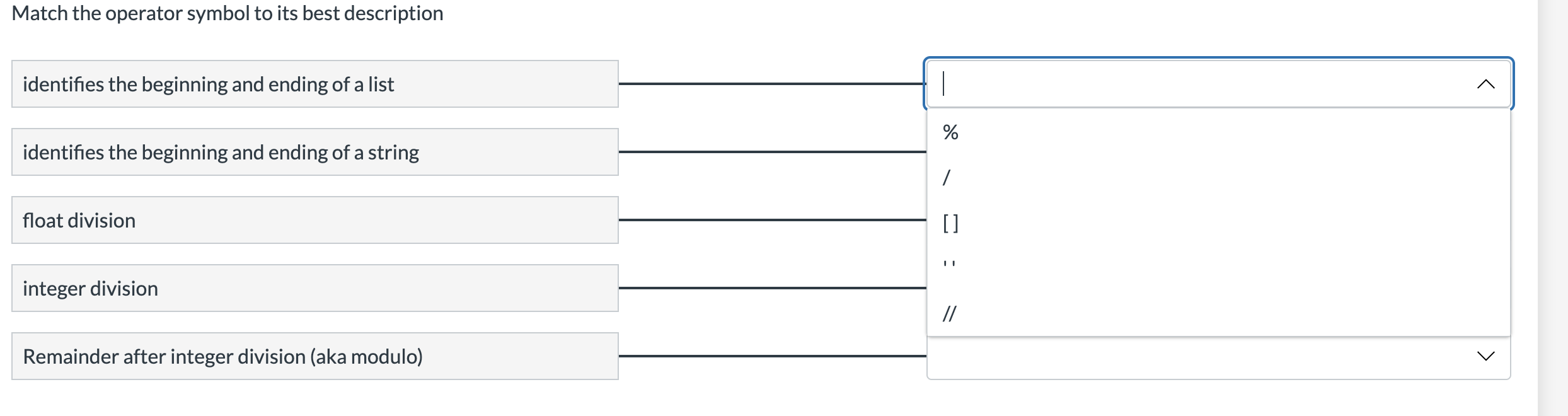 Solved Match the operator to its best description start a | Chegg.com