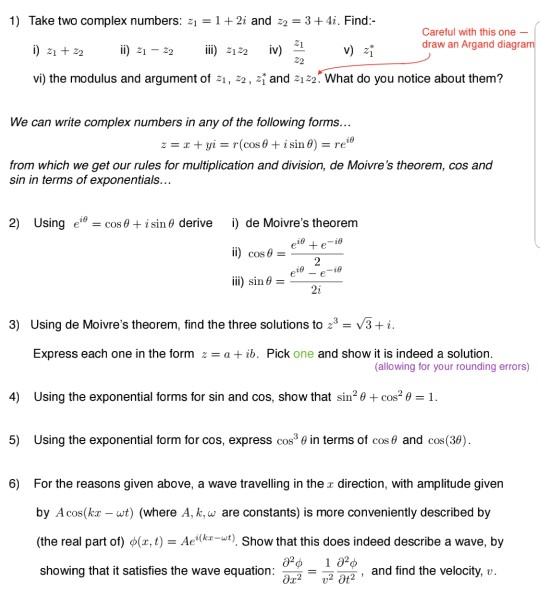 Solved 1) Take two complex numbers: zi = 1 + 2i and 꿩 = 3 + | Chegg.com