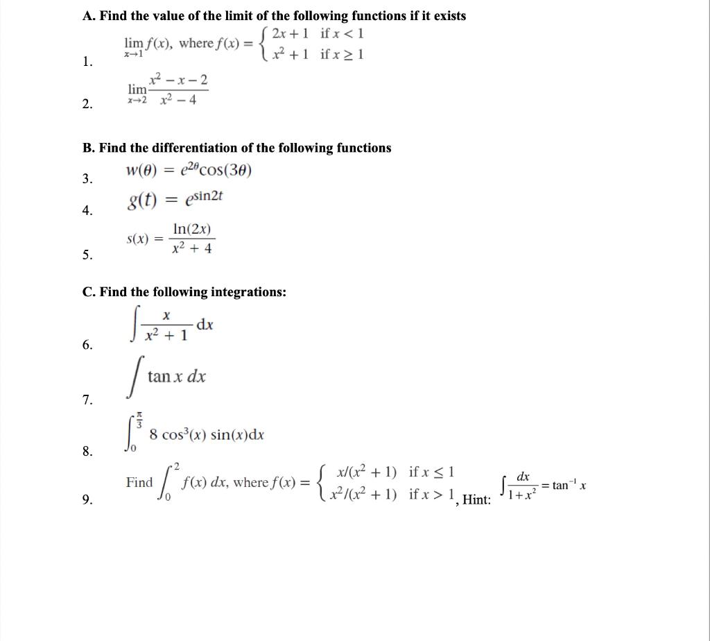 Solved A. Find the value of the limit of the following | Chegg.com