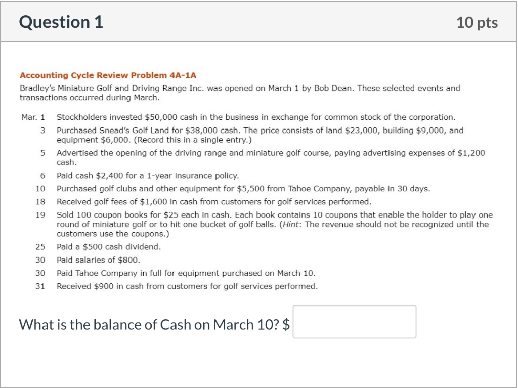 Solved Question 1 10 pts Accounting Cycle Review Problem | Chegg.com