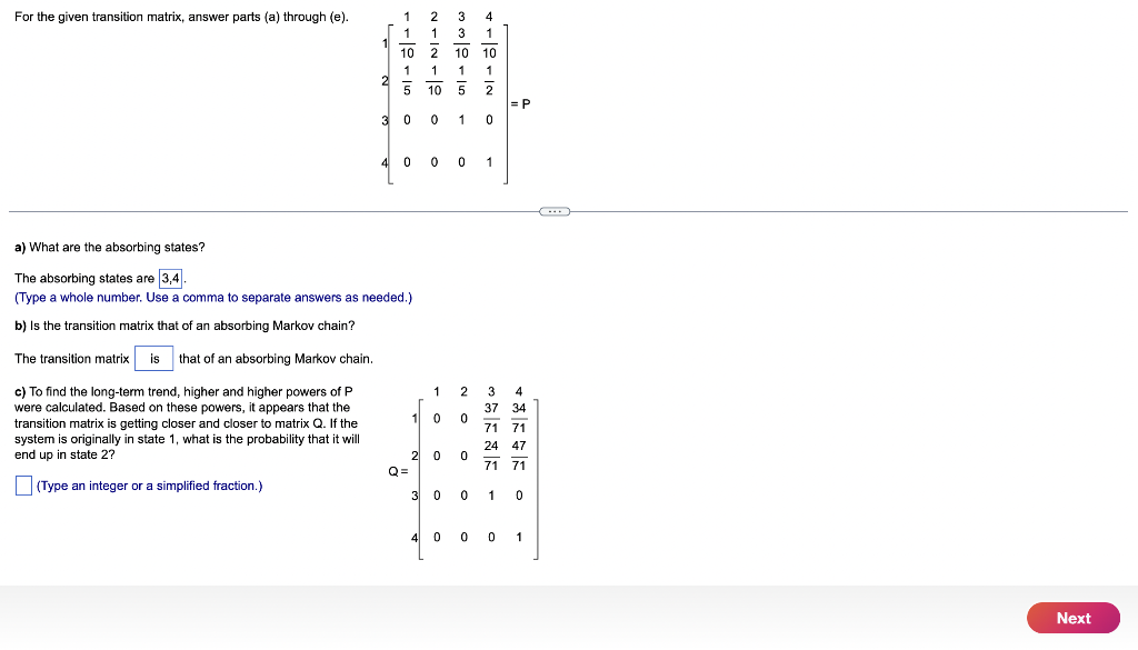 For the given transition matrix, answer parts (a) | Chegg.com