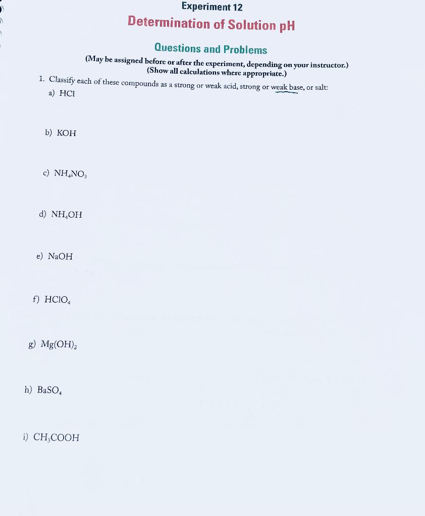 Solved Experiment 12 Determination of Solution pH Questions | Chegg.com