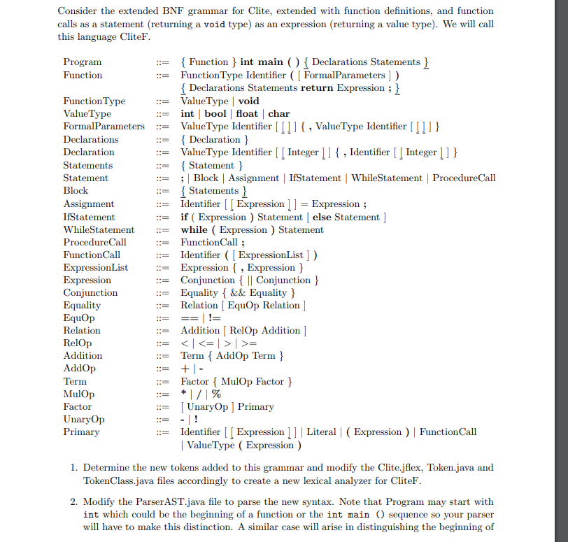 Consider the extended BNF grammar for Clite, extended | Chegg.com