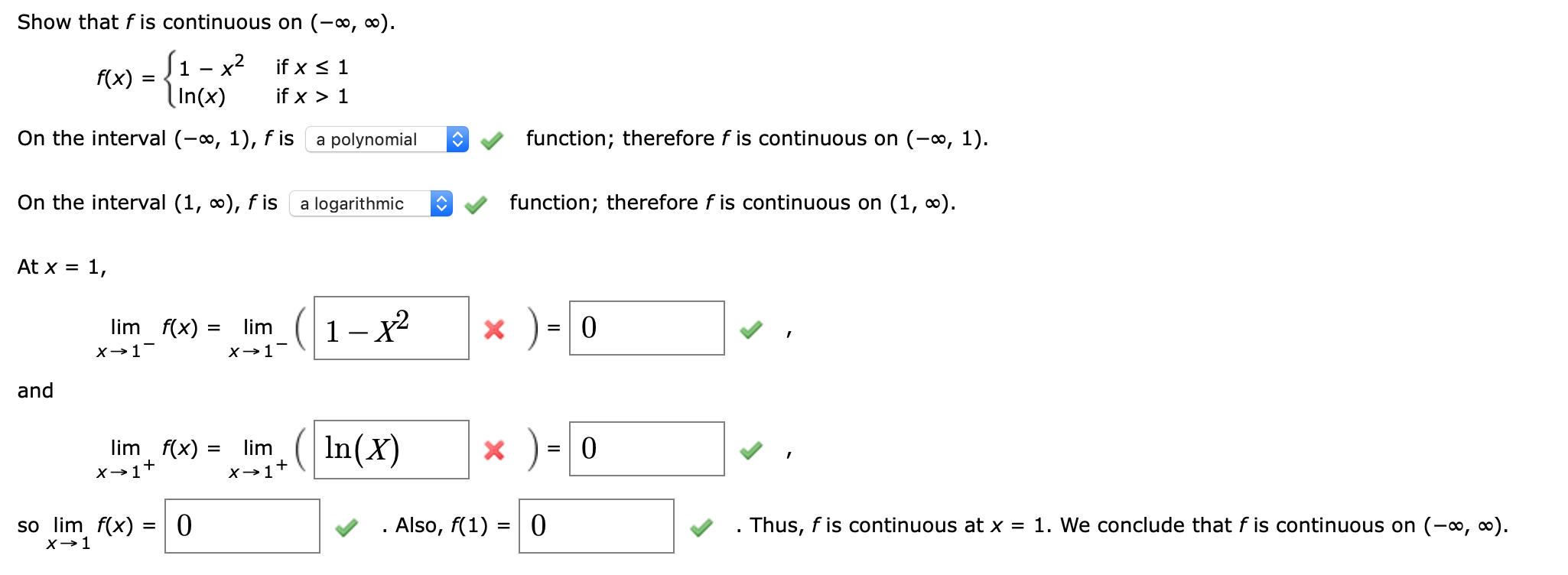 Solved Show that fis continuous on (-00, 0). 1-x2 if x = 1 | Chegg.com