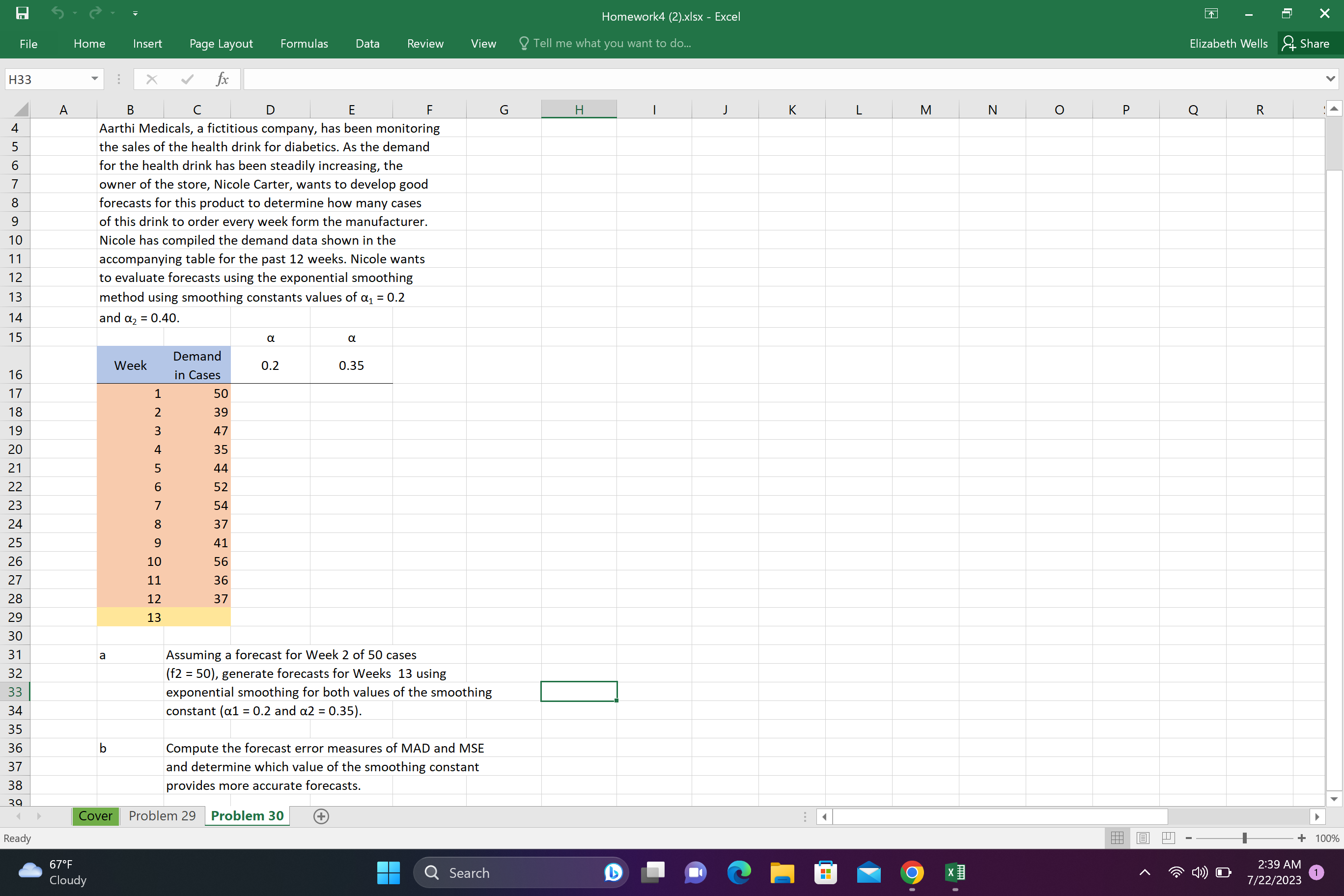 Solved Homework4 (2).xIsx - Excel File Home Insert Page | Chegg.com