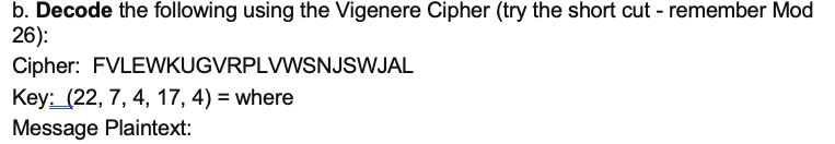 Solved b. Decode the following using the Vigenere Cipher | Chegg.com