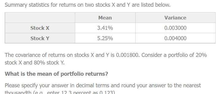 Solved Summary statistics for returns on two stocks X and Y | Chegg.com