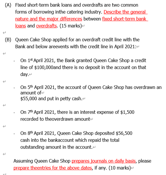 Solved (A) Fixed short-term bank loans and overdrafts are | Chegg.com