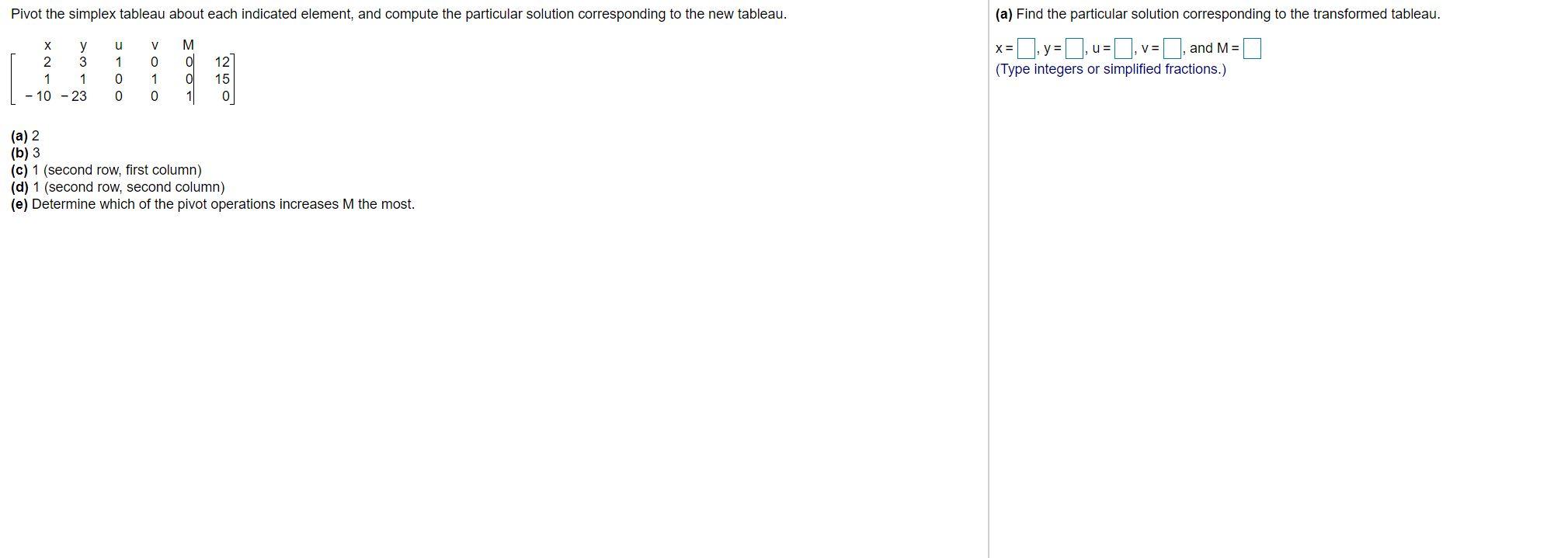 Solved Pivot the simplex tableau about each indicated | Chegg.com
