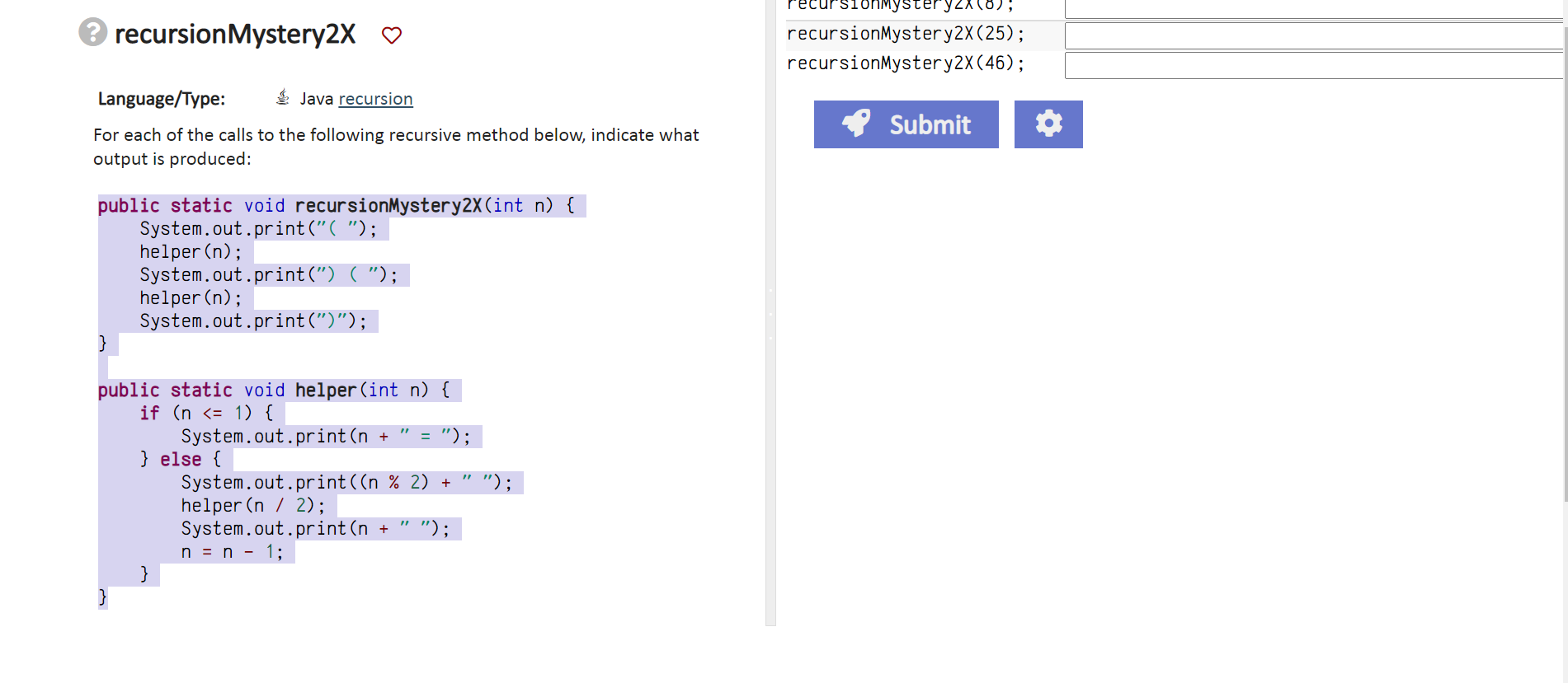 Solved recursionMystery2x ♡ recursionMysteryza(0); | Chegg.com
