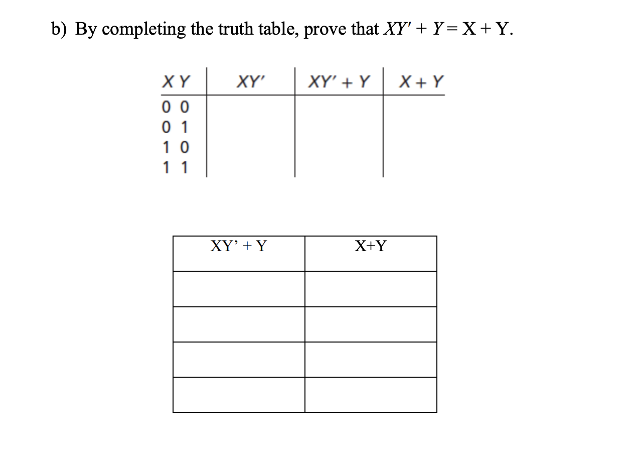 Solved b) By completing the truth table, prove that XY' + | Chegg.com