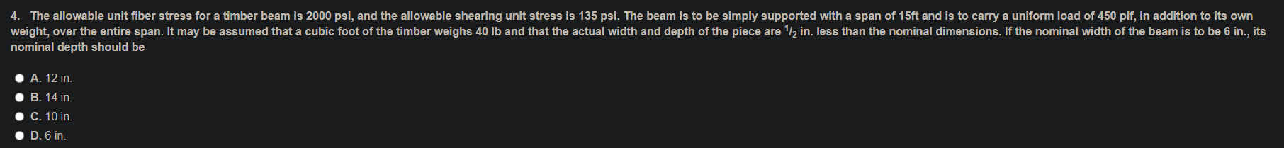 Solved 4. The allowable unit fiber stress for a timber beam | Chegg.com