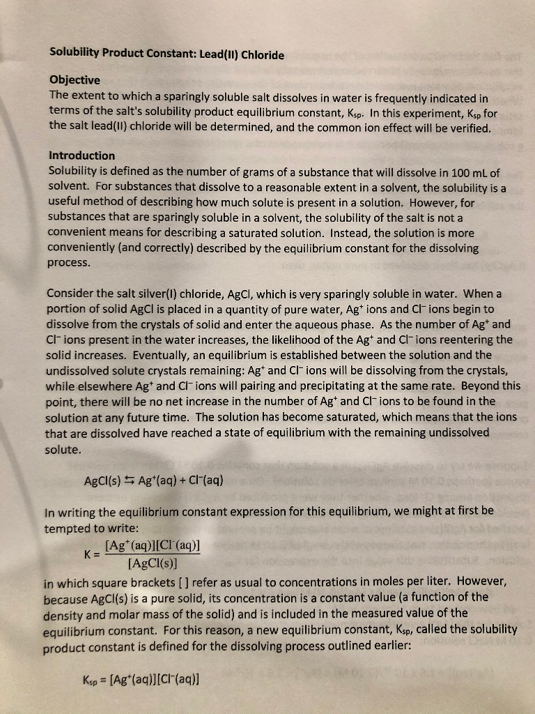 Solubility Product Constant: Lead(11) Chloride | Chegg.com