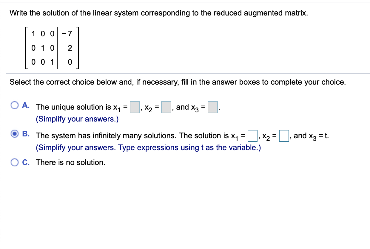 Solved Write the solution of the linear system corresponding | Chegg.com